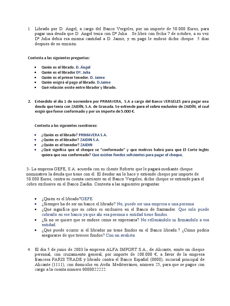 Ejercicios de Cheque y Letra | PDF | Cheque | Bancario