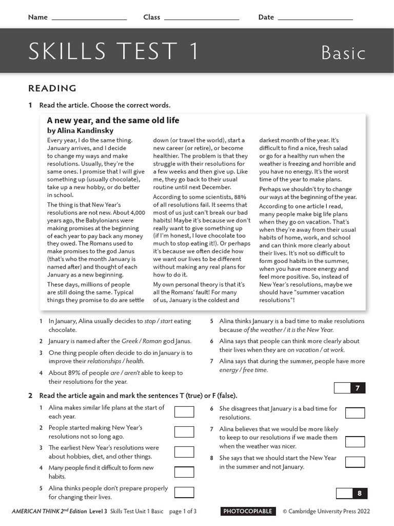 Thk2e AmE L3 Skills Test Basic Unit 1 | PDF