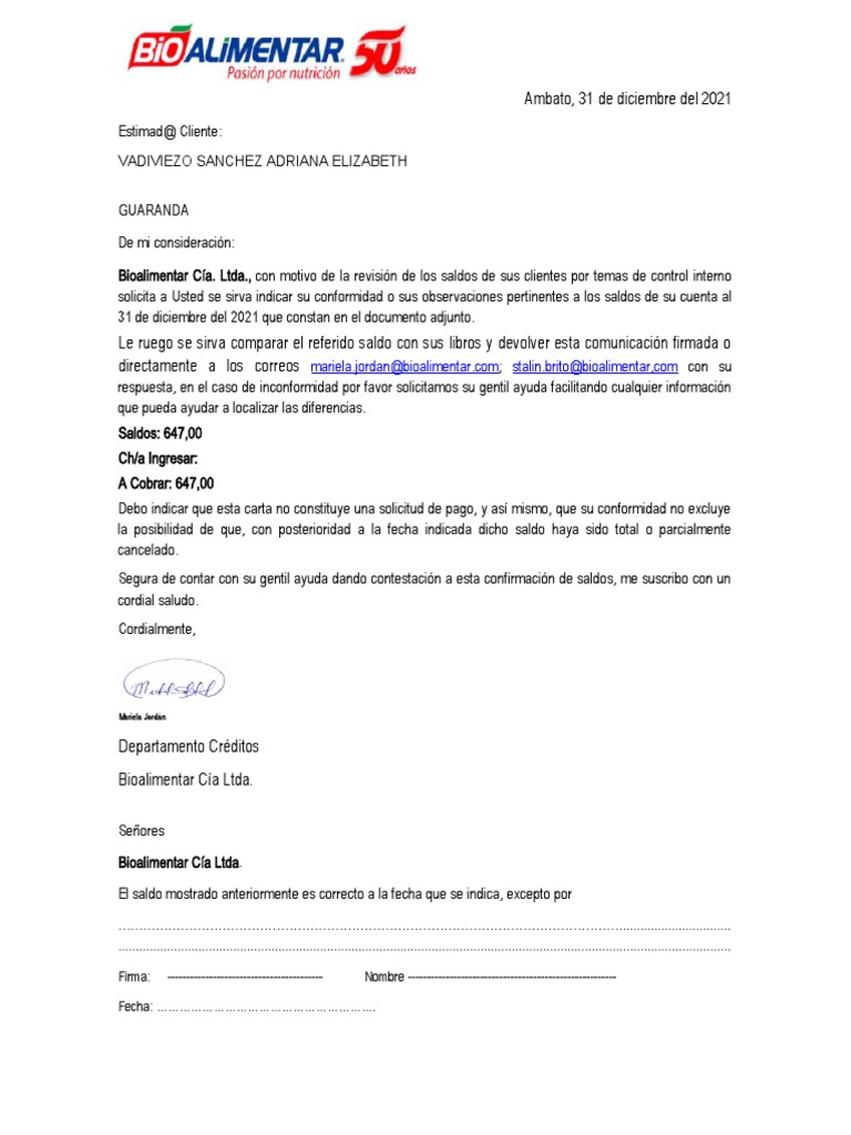 Carta de Confirmación de Saldos | PDF | Agencia Central de Inteligencia ...