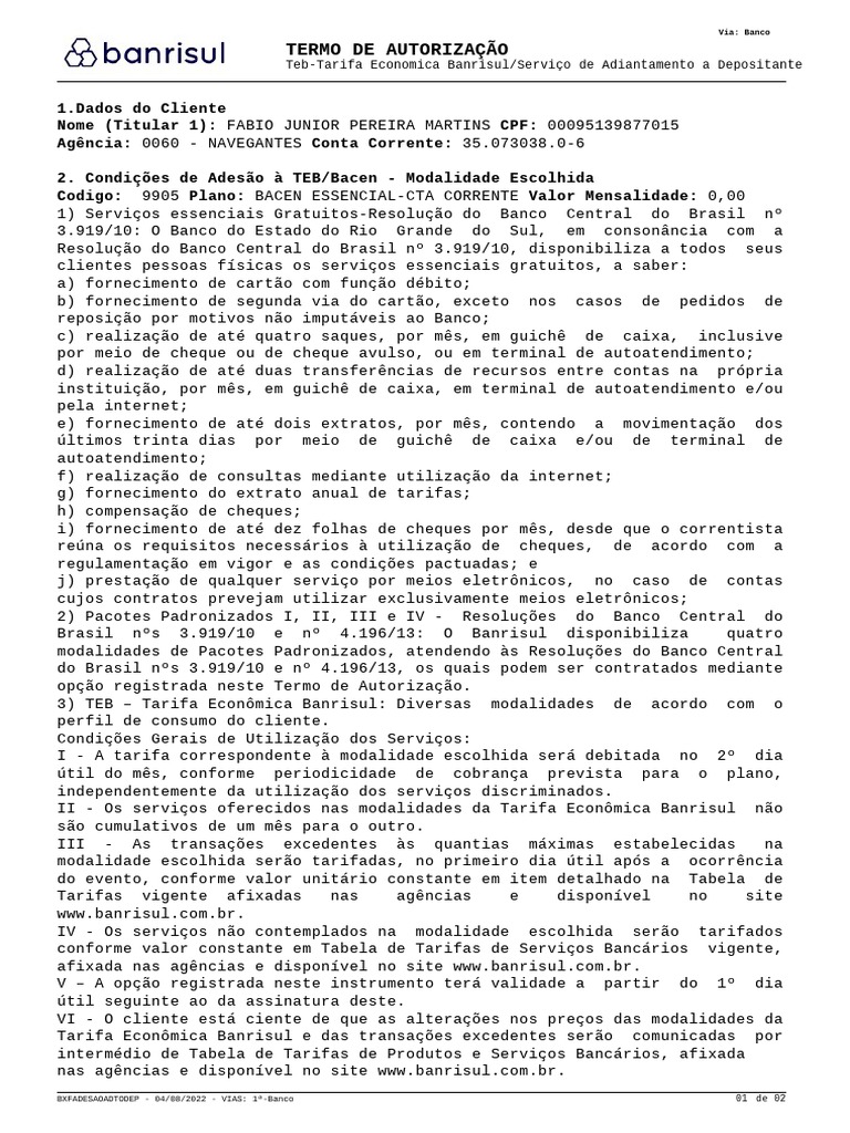 Termo de Autorização TEB Banrisul | PDF | Conta de transação | Cheque ...