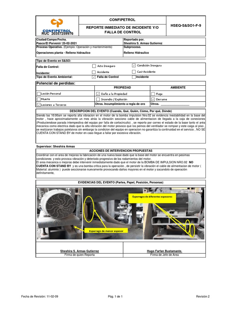 Reporte de Falla de Activo Bomba de Impulsion Nro.02 | PDF