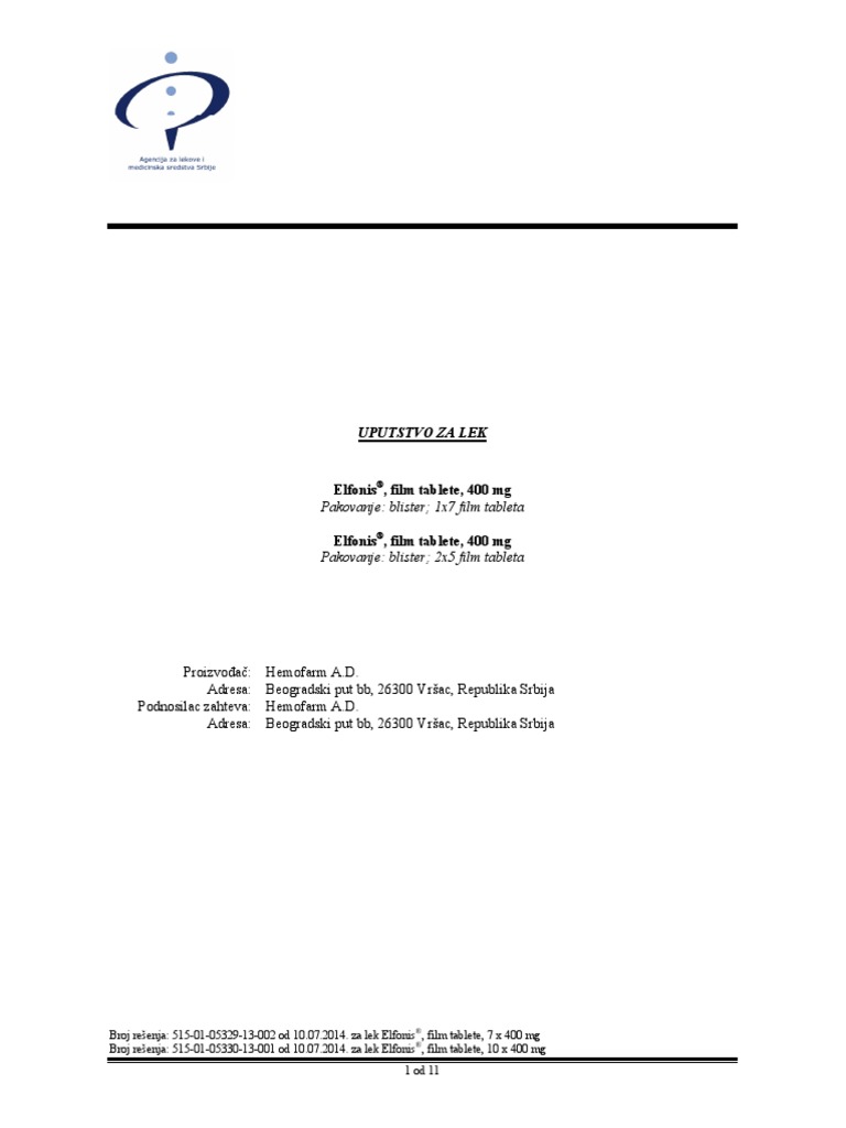 Uputstvo Za Lek: Elfonis, Film Tablete, 400 MG | PDF