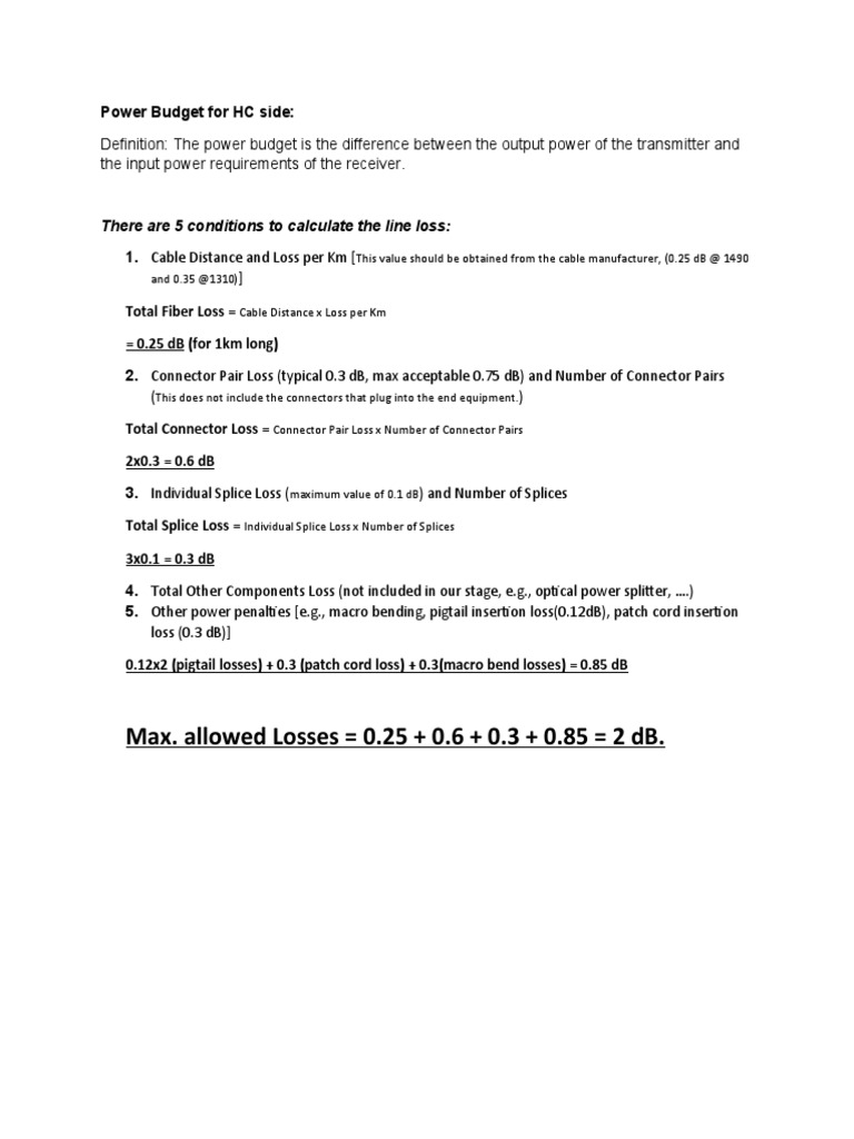 Power Budget Calculation for Fiber Links | PDF