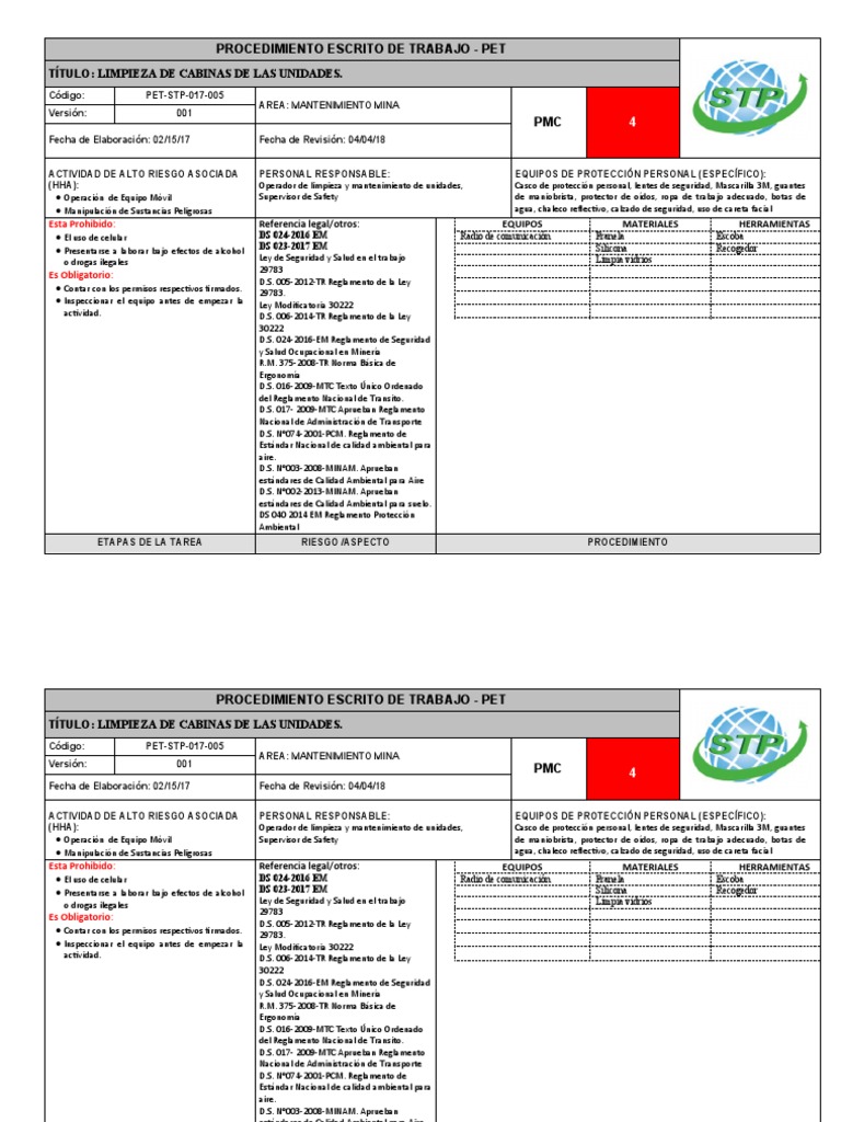PET-STP-017-005 Limpieza de Cabinas de Las Unidades. | PDF | Seguridad y salud ocupacional ...