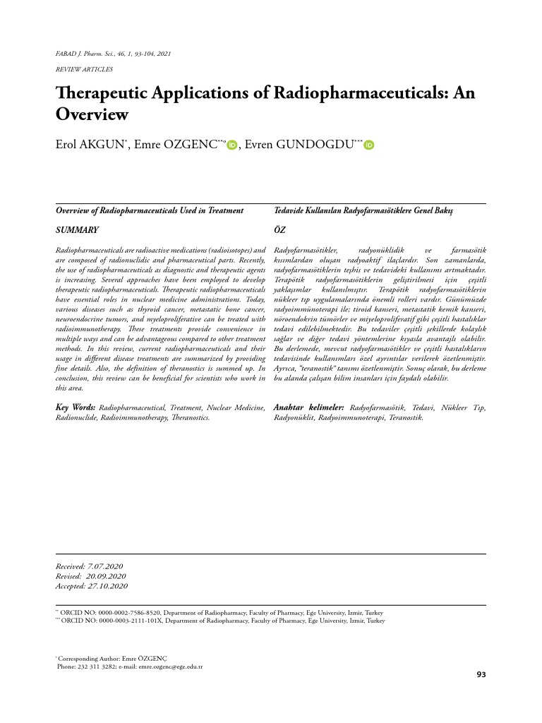 Therapeutic Applications of Radiopharmaceuticals: An: Erol Akgun, Emre Ozgenc, Evren Gundogdu | PDF