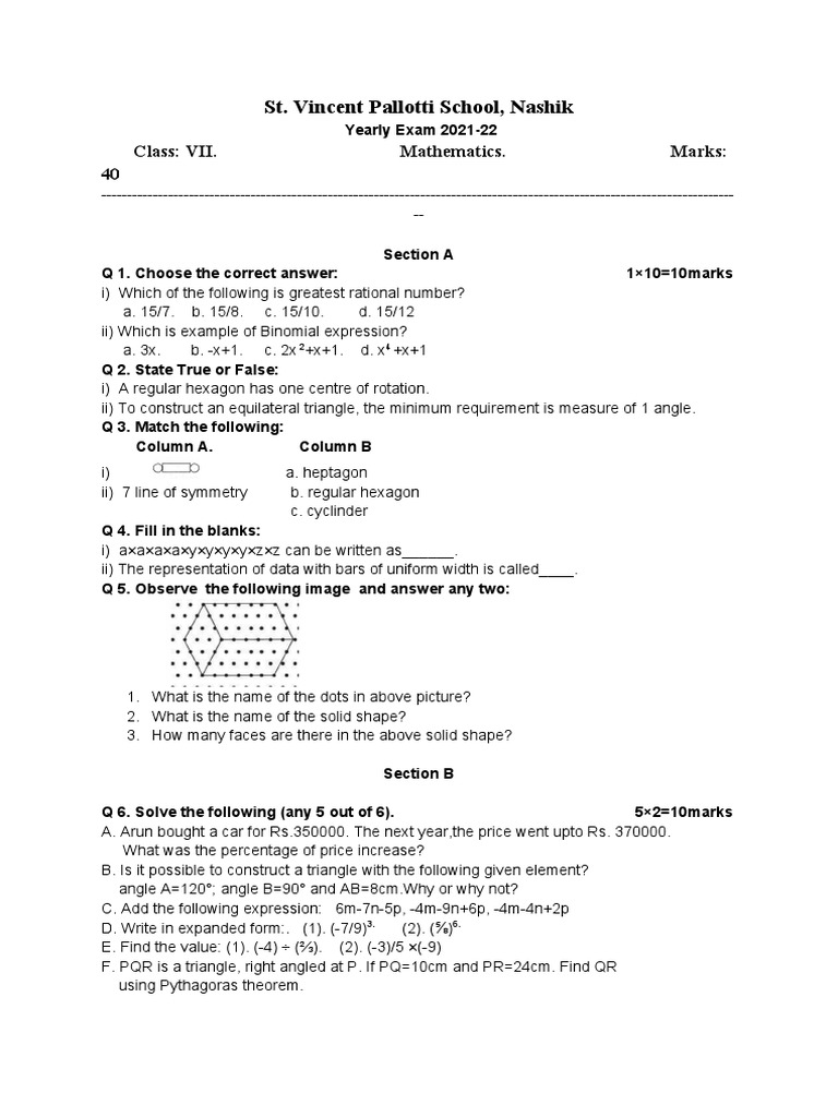 Yearly Exam - 7 TH Maths | PDF