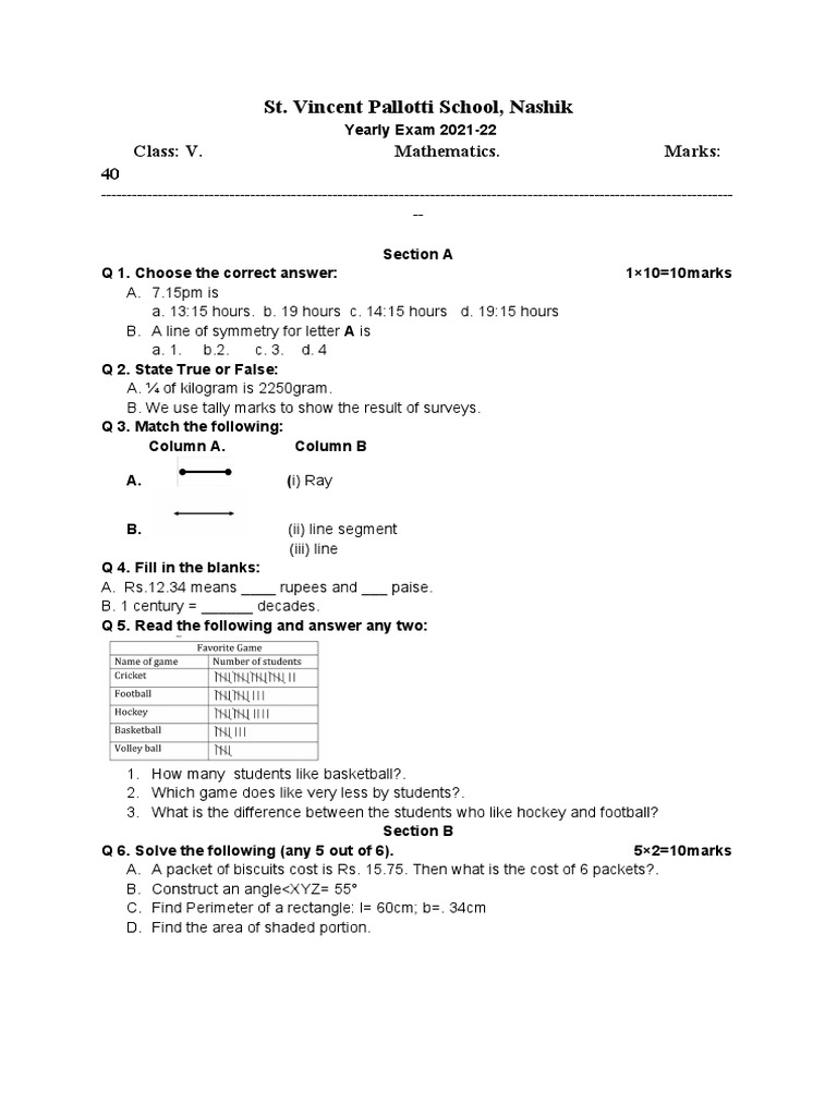 Yearly Exam - 5th Maths | PDF | Mathematics | Theoretical Computer Science