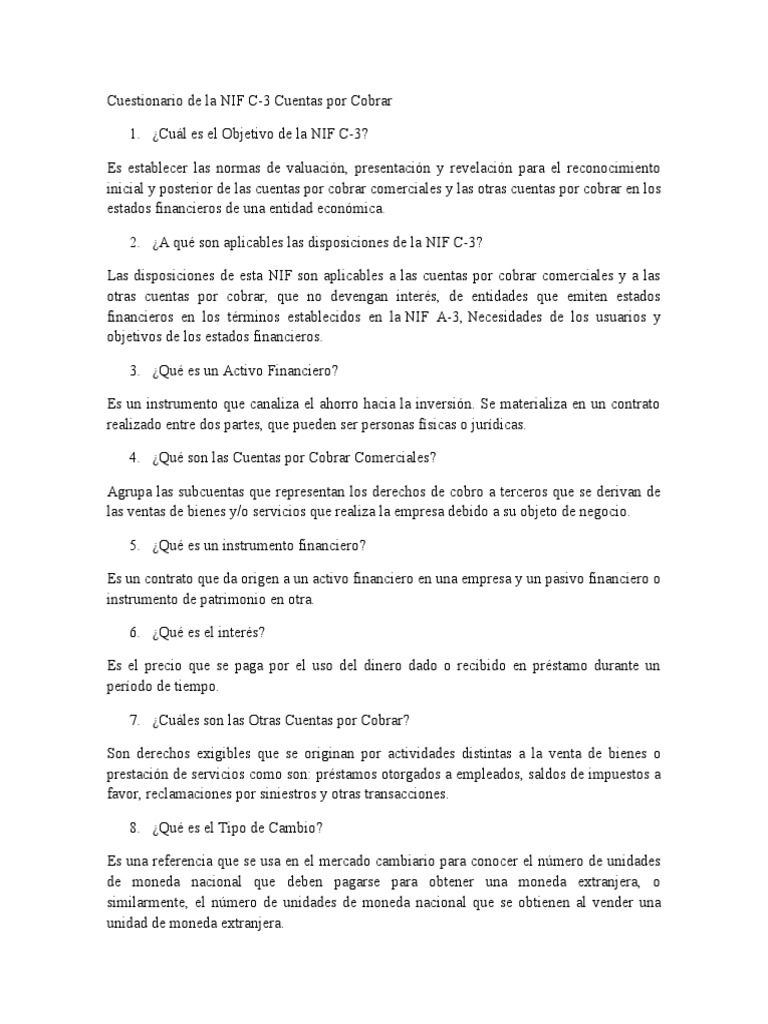Cuestionario de La NIF C-3 Cuentas Por Cobrar | PDF | Moneda | Precios