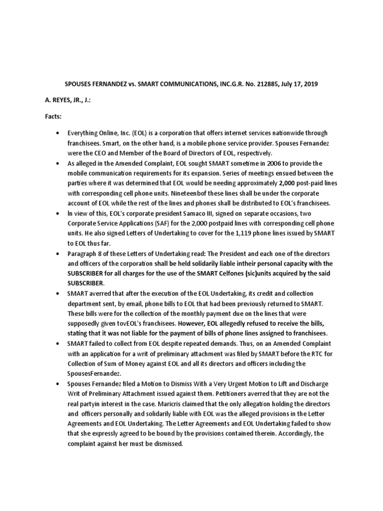 Sps Fernandez Vs Smart Communications Inc., 909 SCRA (2019) | PDF