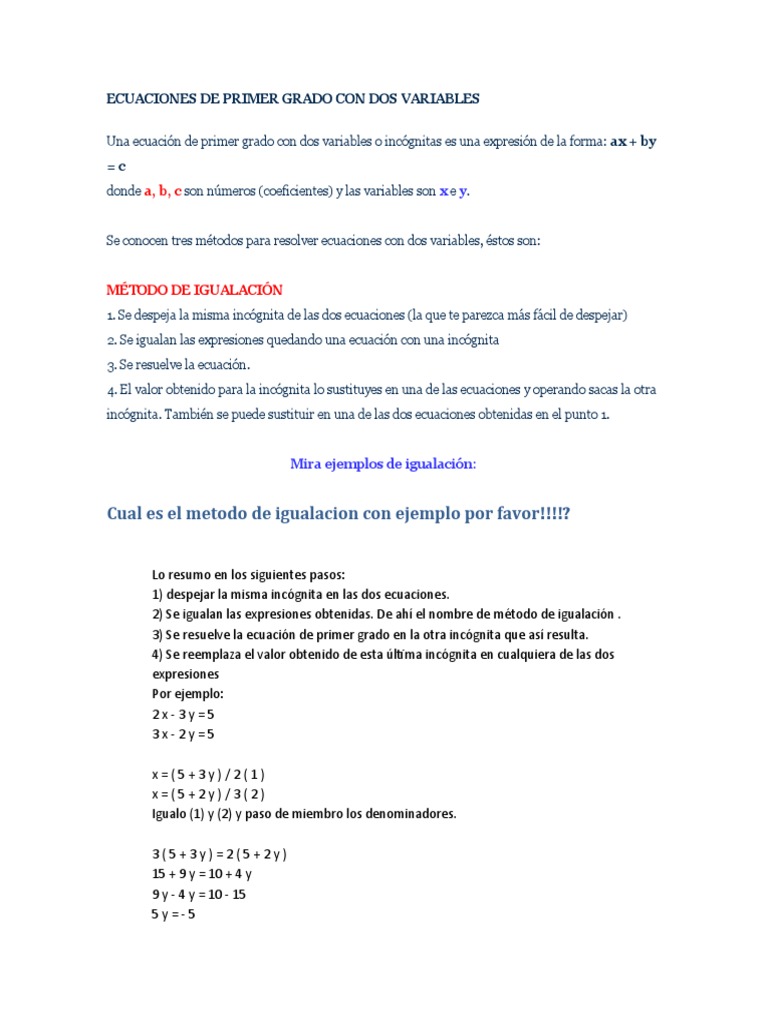 Ecuaciones de Primer Grado Con Dos Variables | Descargar gratis PDF | Sistema de ecuaciones ...