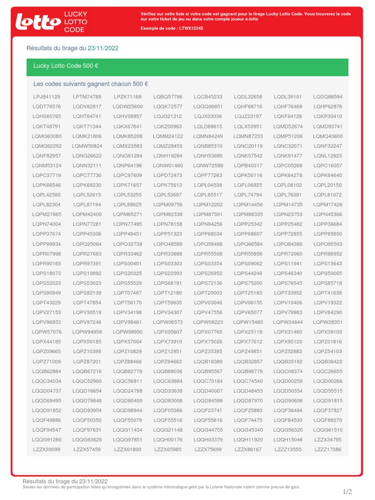 Lotto Lucky Lotto Codes Gagnants 20221123 | PDF