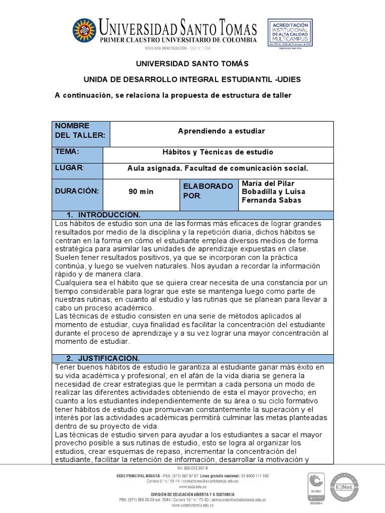 Taller Hábitos y Técnicas de Estudio | PDF | Habilidades de estudio ...