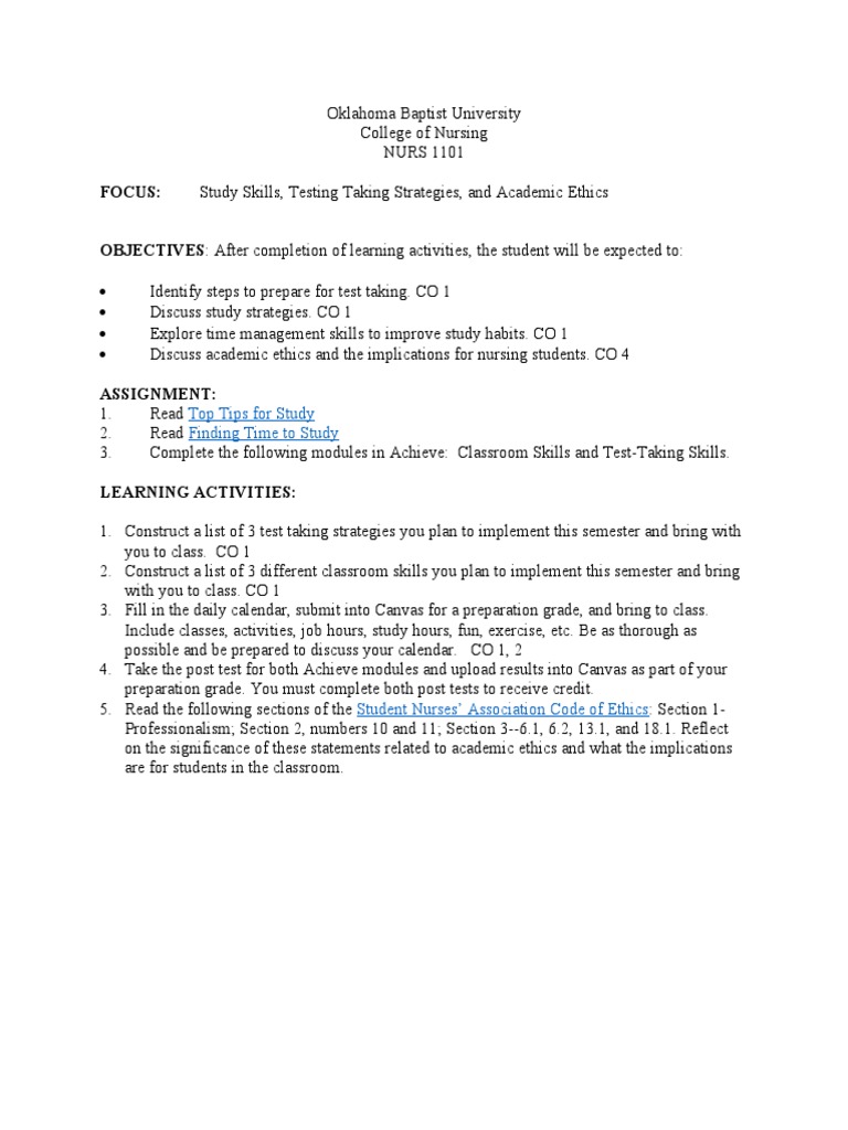 Nursing Study Skills and Ethics Guide | PDF