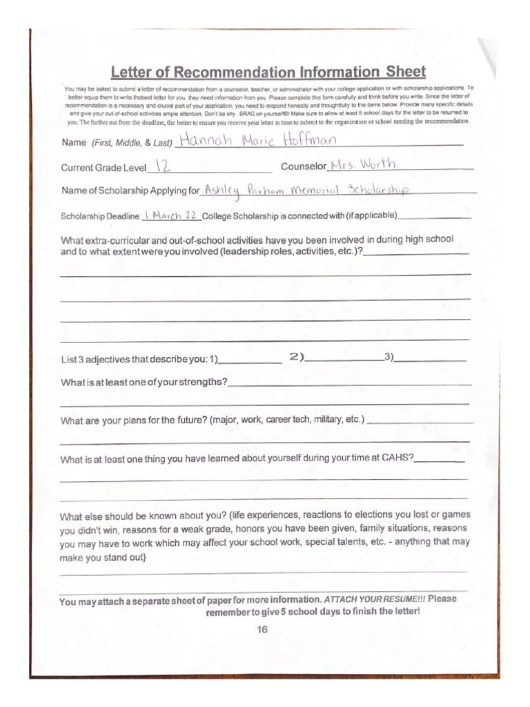 Letter of Recommendation Information Sheet Questions | PDF Letter of Recommendation Information Sheet Questions | PDF