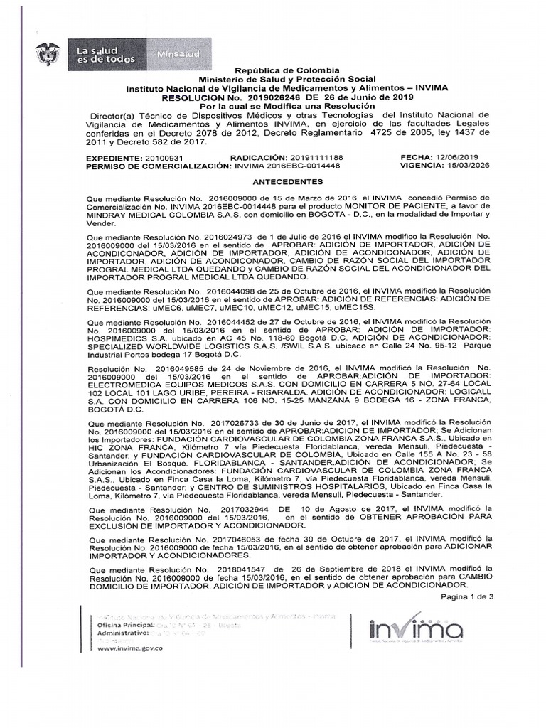 Registro INVIMA 20100931 INVIMA2016EBC-0014448 EPM - Monitor de Signos ...