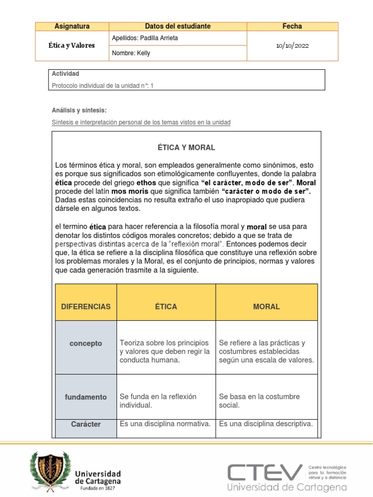 Protocolo Individual - Etica y Valores - Unidad 1 | PDF | Moralidad | Teorías filosóficas
