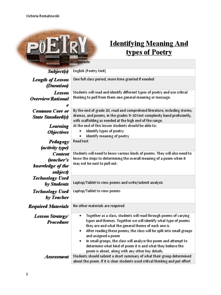 Lesson Plan | PDF | Poetry | Lesson Plan