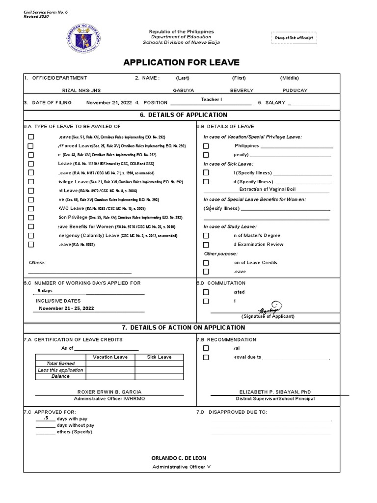 FORM 6 5 Days Sick Leave | PDF | Sick Leave | Parental Leave