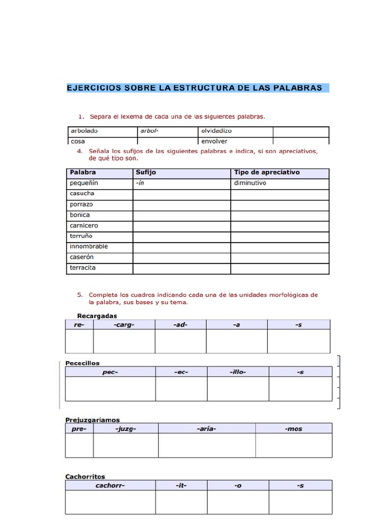 Ejercicios Estructuras de Las Palabras | PDF