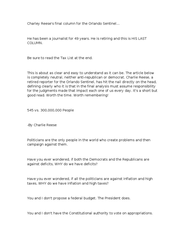 Charley Reese Last Column | PDF | United States Congress | American ...