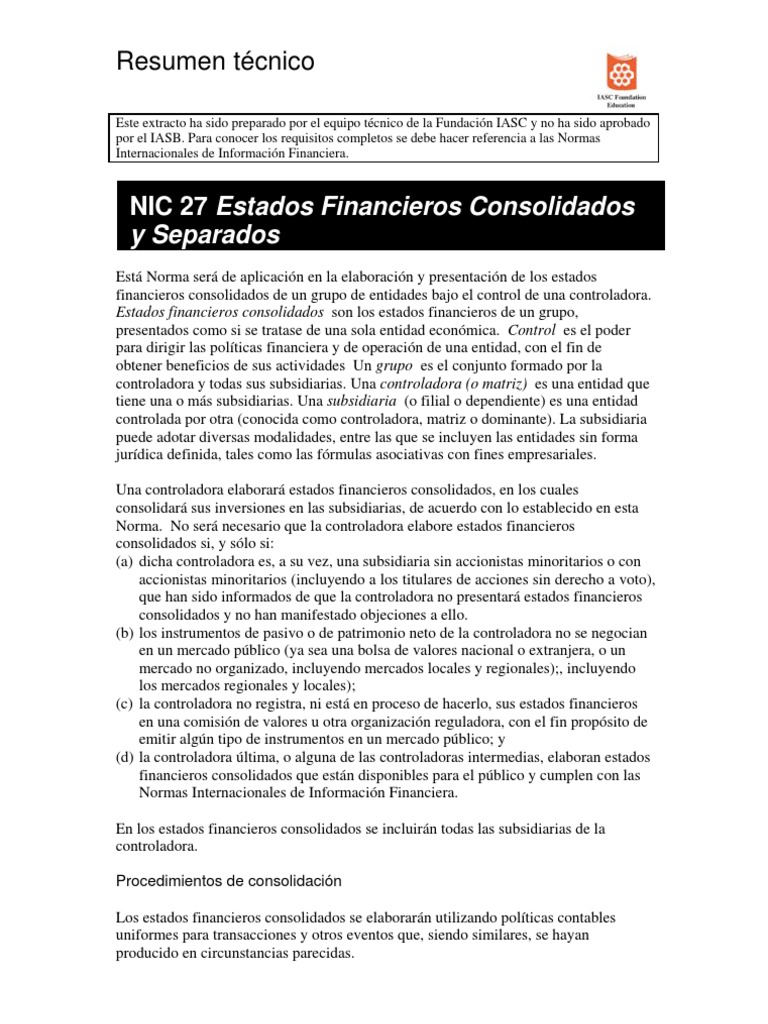 Resumen Nic 27 | PDF | normas internacionales de INFORMACION FINANCIERA ...