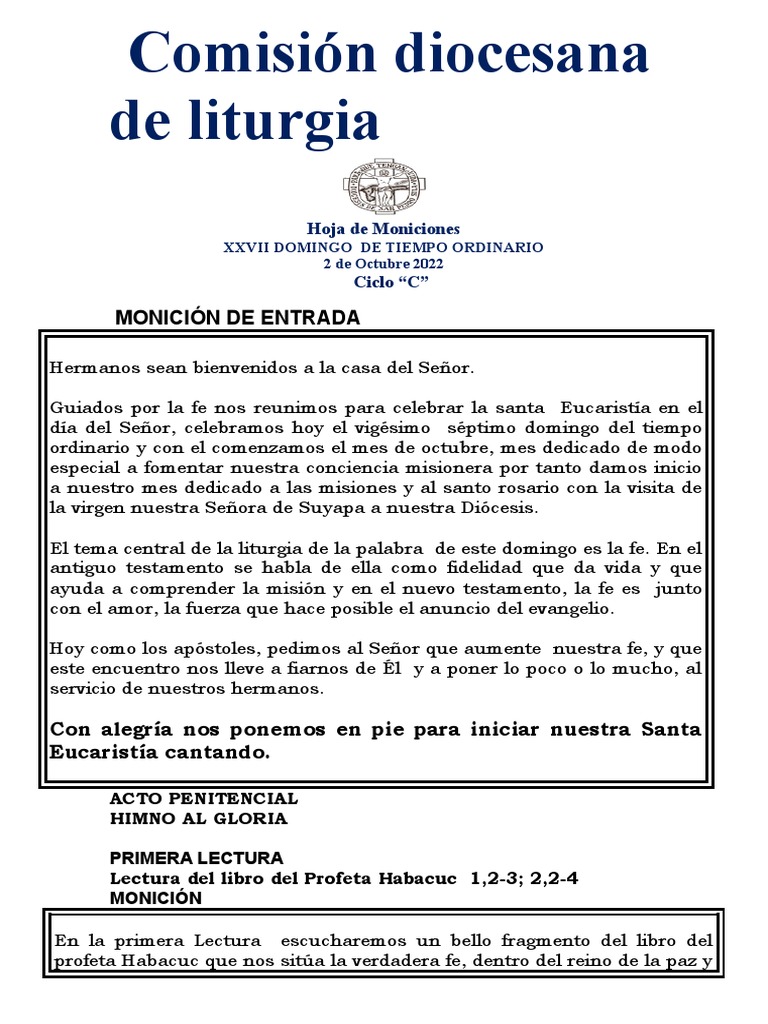 Moniciones Domingo Xxvii Ordinario Ciclo C | Descargar gratis PDF ...