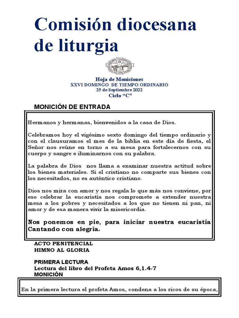 Moniciones Domingo Xxvi Ordinario Ciclo C | PDF | Misa (liturgia ...