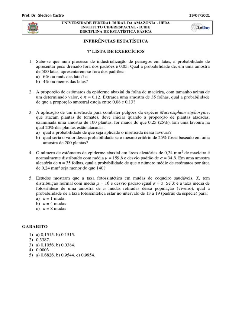 Exercícios de Inferência Estatística | PDF