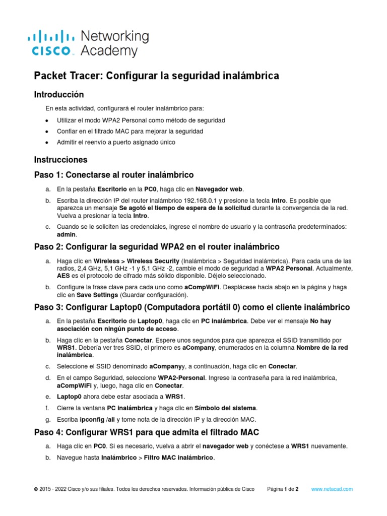 13 4 1 10 Packet Tracer Configure Wireless Security Pdf Enrutador Computación Mac Os