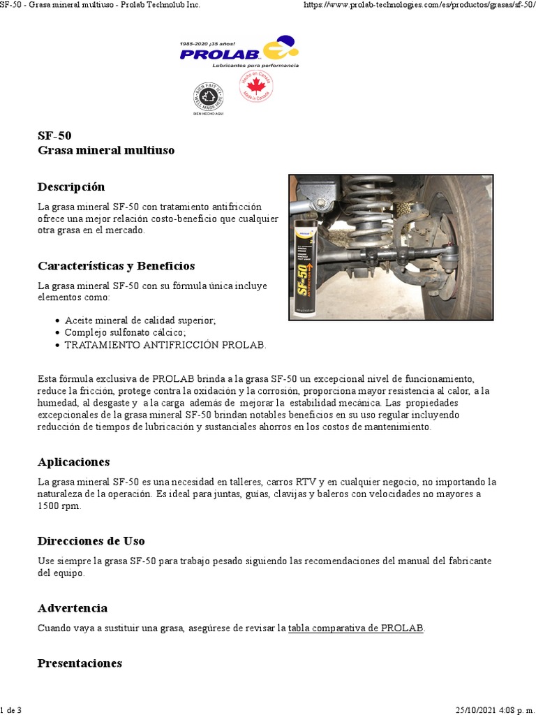 SF-50 - Grasa Mineral Multiuso - Prolab Technolub Inc. | PDF | Lubricante | Sustancias químicas