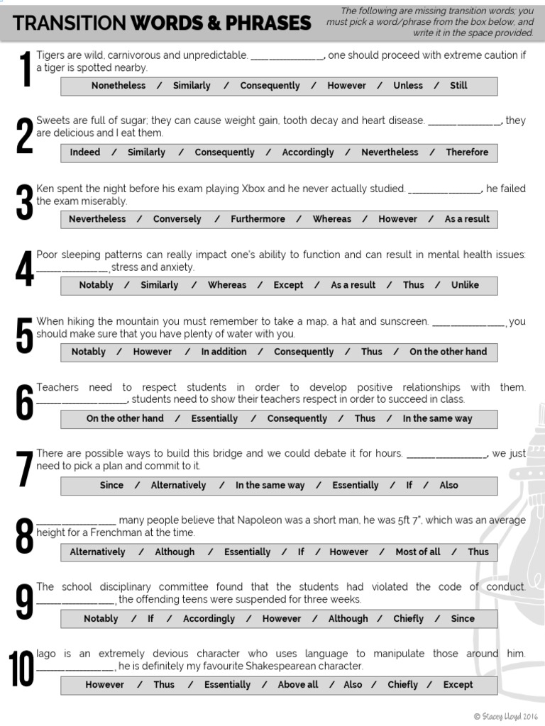 LINKERS OR TRANSITION WORDS - Exercises | PDF