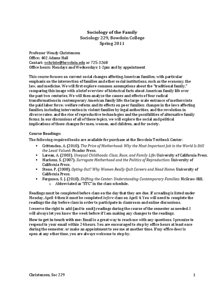 Sociology of the Family Syllabus | PDF | Mother | Surrogacy