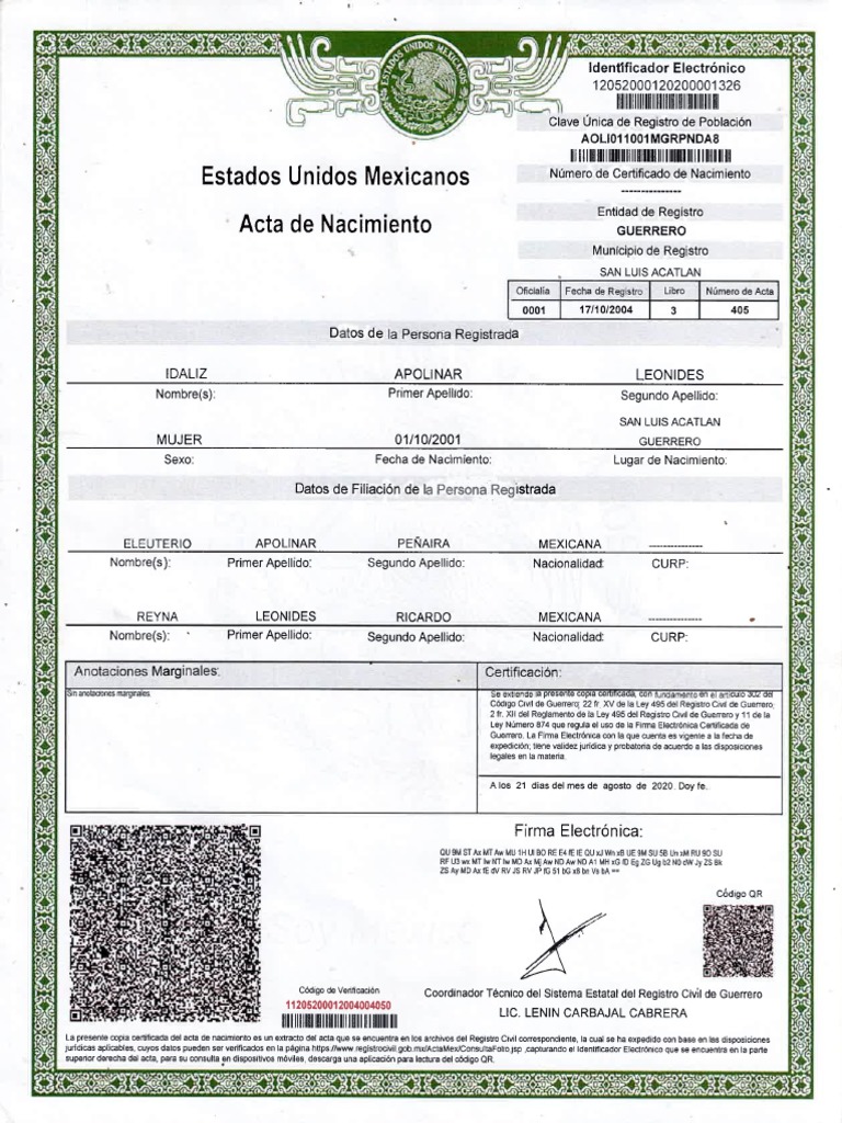 Acta de Nacimiento | PDF