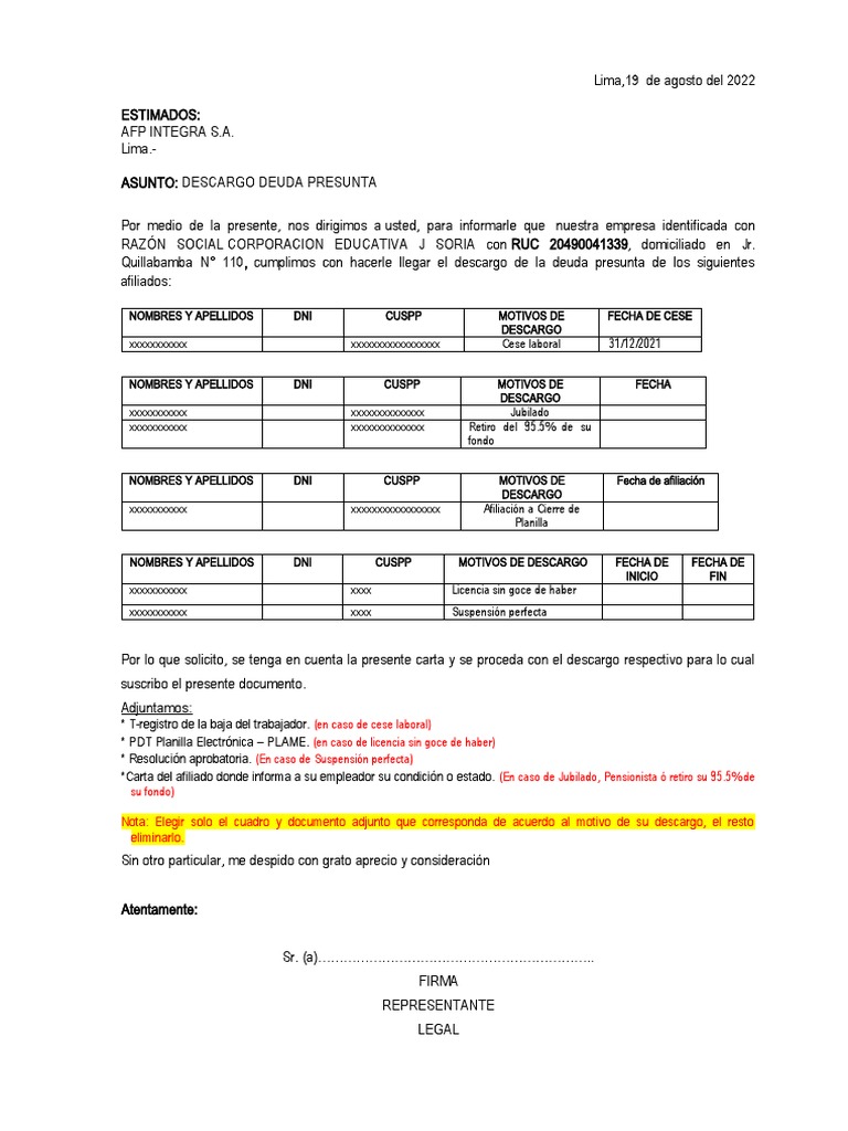 Modelo Descargo - Carta. | PDF