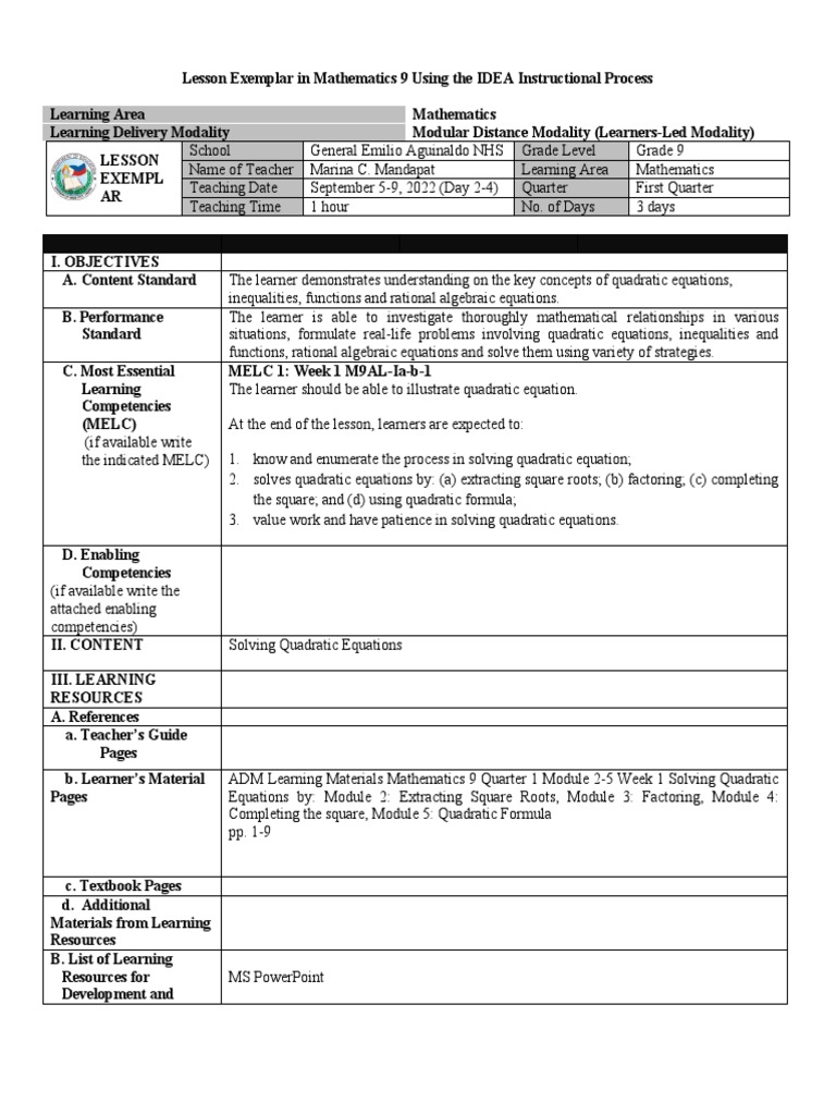 1st Quarter Week 1 Day 2-4 Illustrating Quadratic Equation | PDF ...