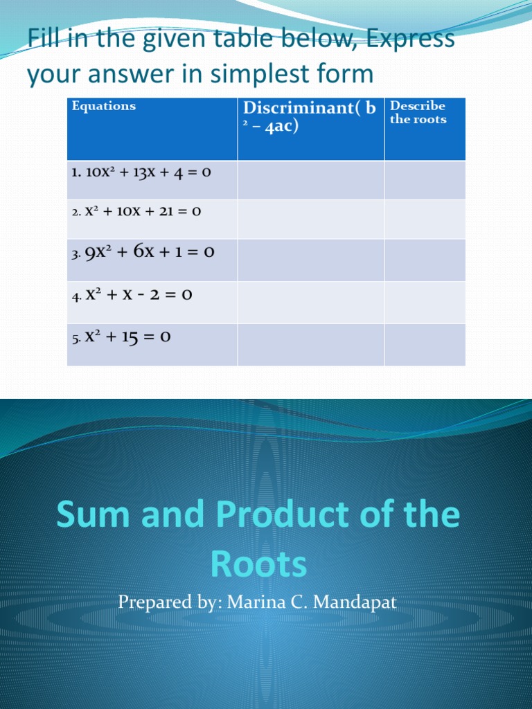 Sum and Products of The Roots of Quadratic Equation | PDF