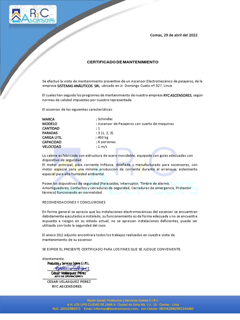 Certificado de Mantenimiento Ascensor de Pasajeros - Abril 2022 | PDF