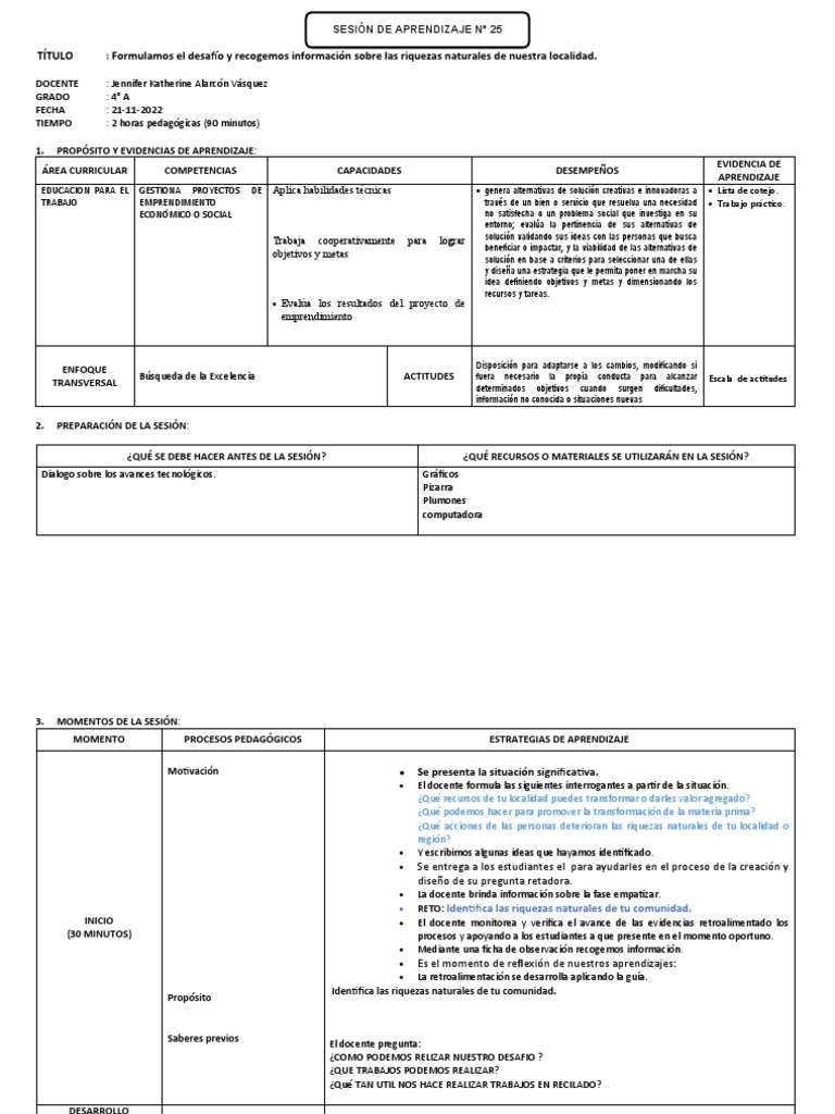 Sesion de Aprendizaje #25 Cuarto | PDF