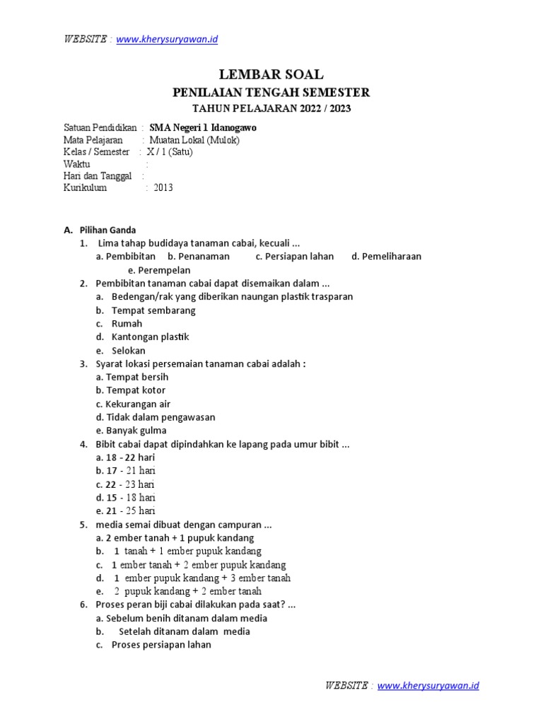 SOAL PTS MTK KELAS X - WEBSITE WWW - Kherysuryawan.id | PDF
