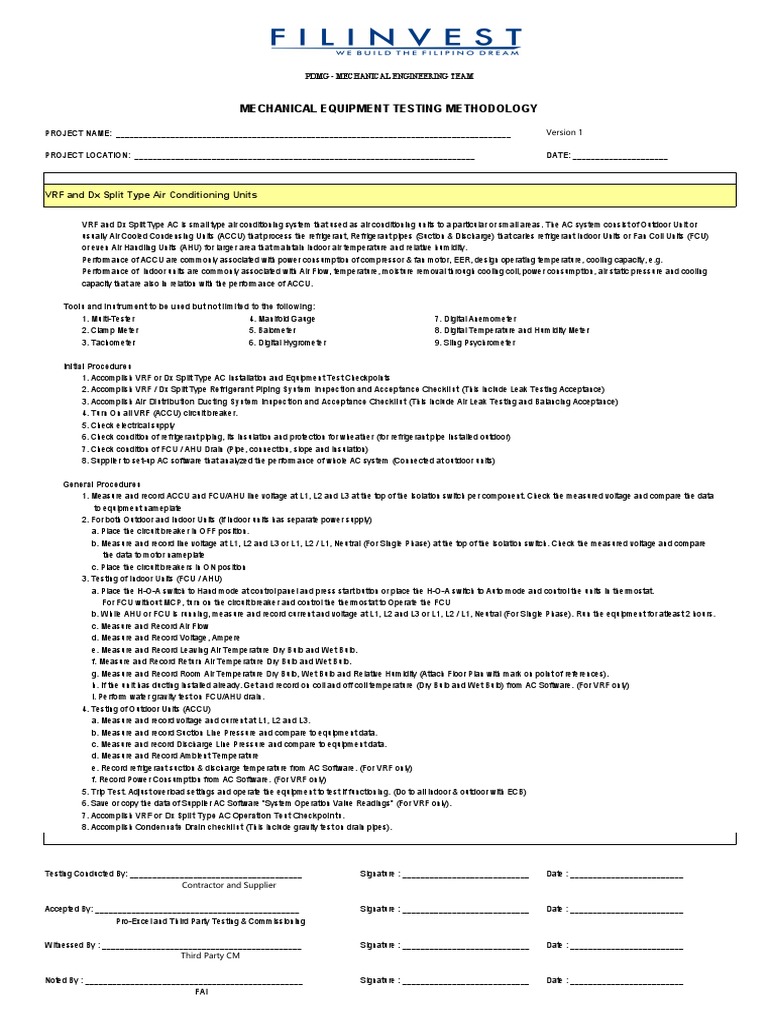 VRF & DX Split Type ACU Testing Methodology | PDF | Air Conditioning ...