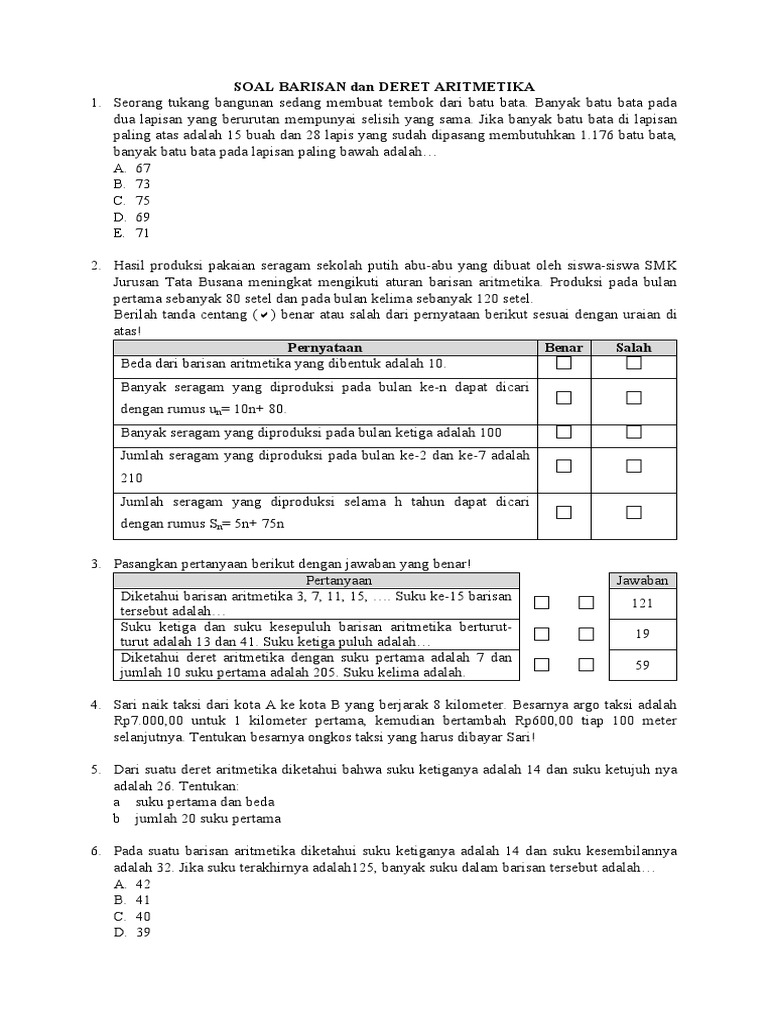 SOAL BARISAN Dan DERET ARITMETIKA | PDF