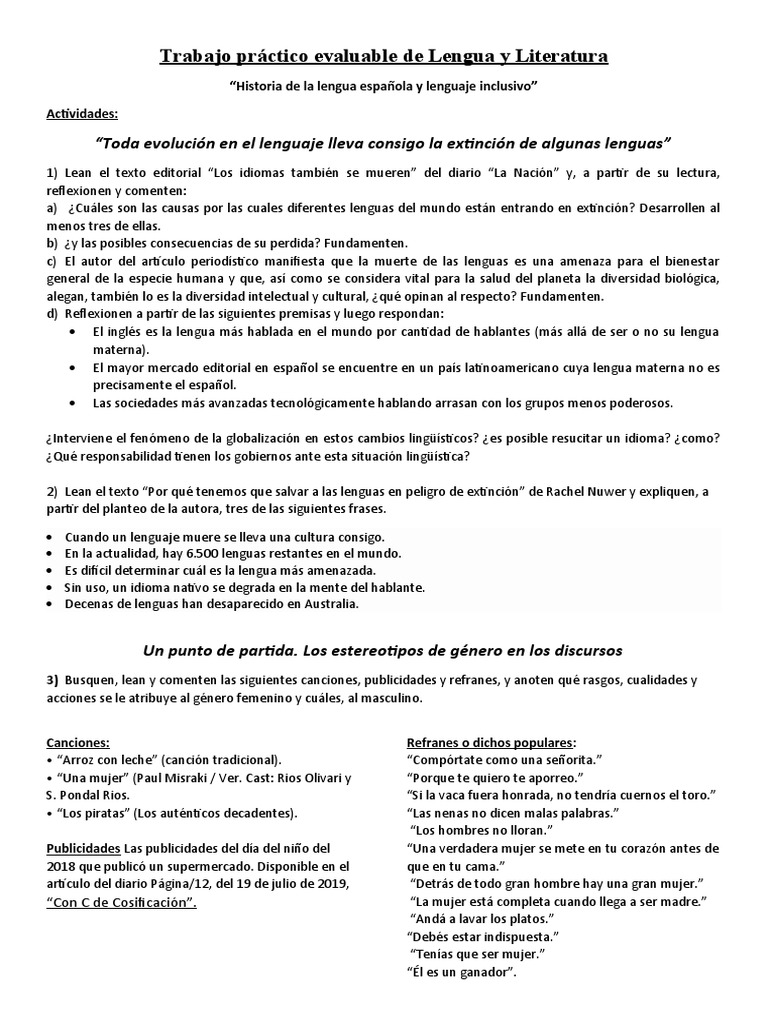 TP 3ero - Historia de La Lengua y Lenguaje Inclusivo | PDF | Lingüística | Lengua española