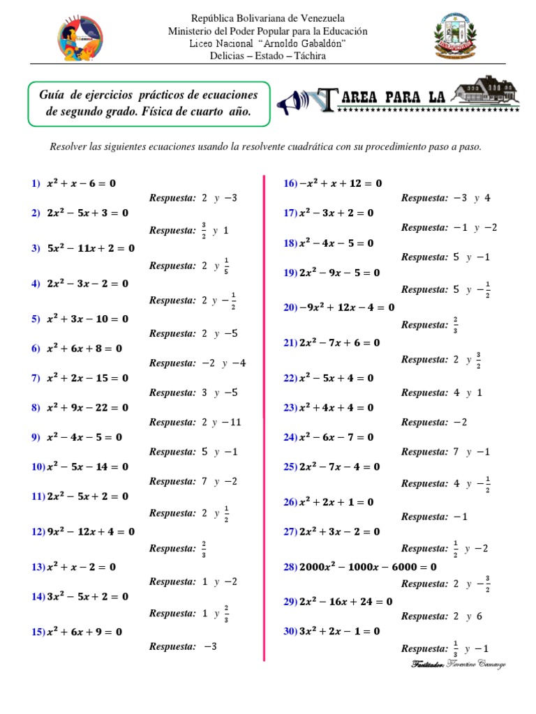 Ejercicios de Ecuaciones de Segundo Grado | PDF