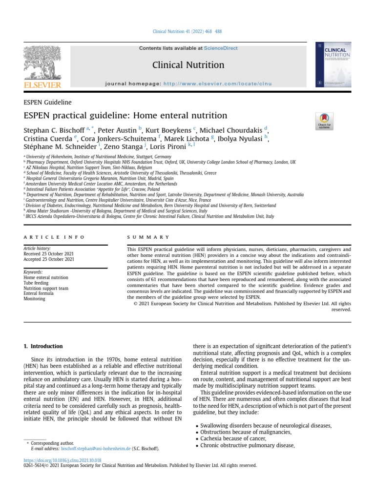 ESPEN Practical Guideline Home Enteral Nutrition | PDF | Infection ...