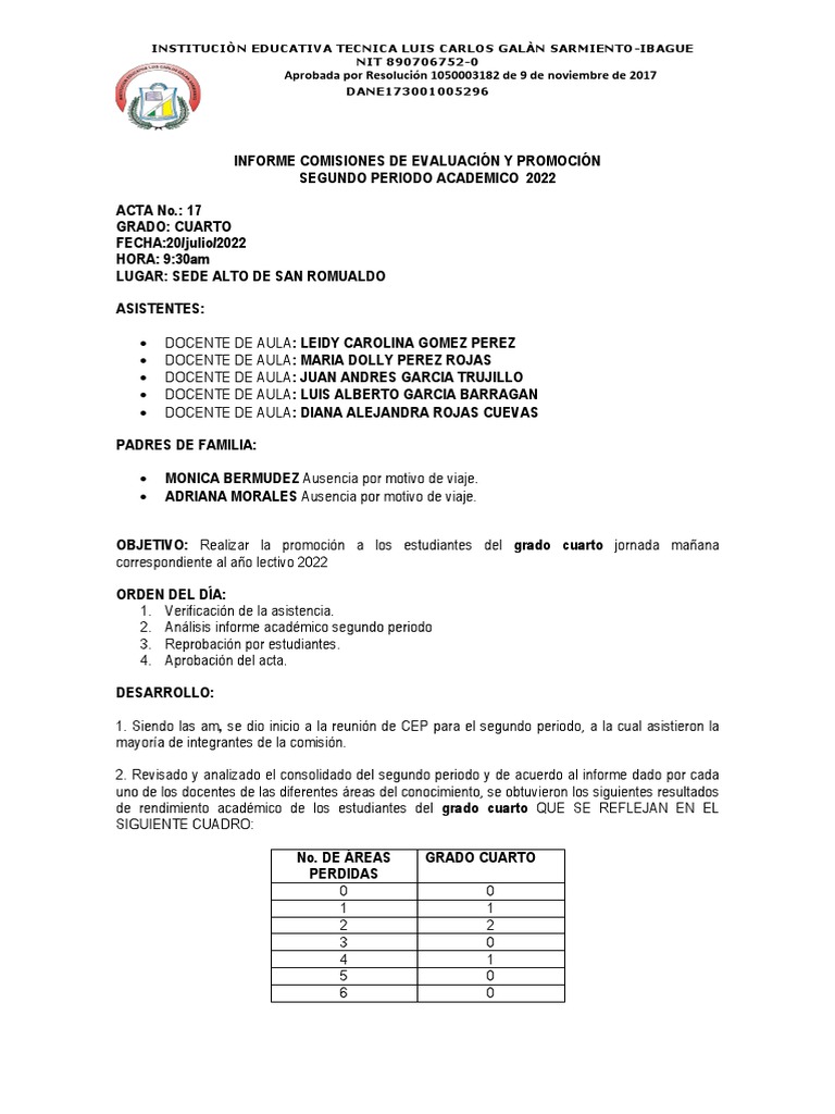 ACTA SEGUNDO PERIODO 2022 Grado Cuarto. | PDF