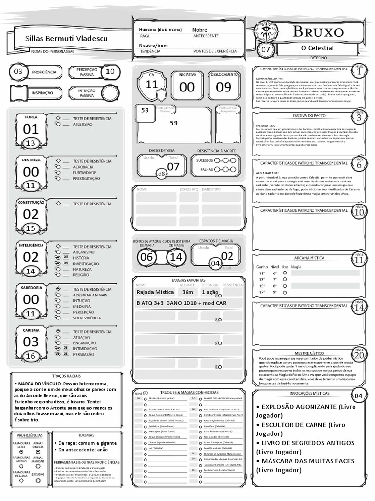 02 Ficha - D&D 5E - Bruxo - FichaDeClasse - Editável | PDF