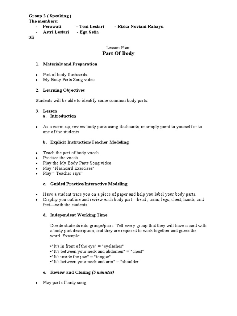 Body Parts Vocabulary Lesson Plan | PDF | Flashcard | Lesson Plan