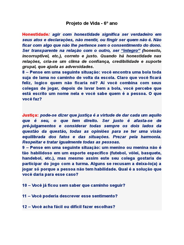 Projeto de Vida - 6º Ano | PDF