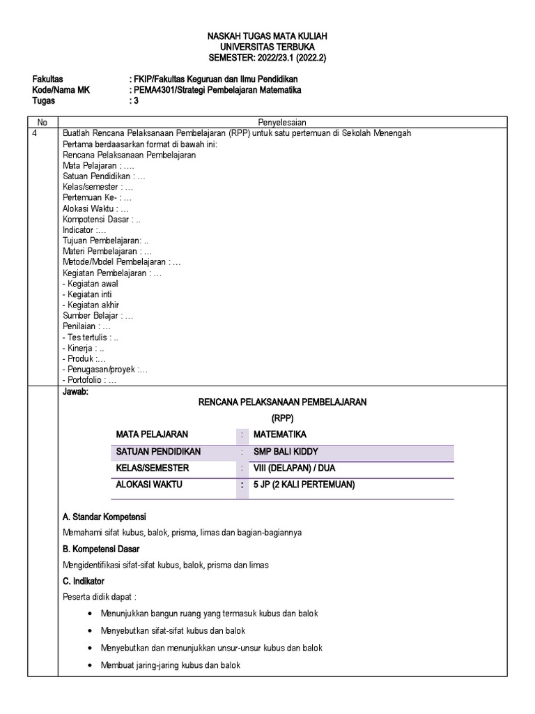 Contoh RPP Matematika | PDF