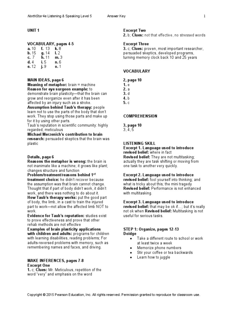 Answer Key For Pearson Northstar Listening and Speaking 5 | PDF Answer Key For Pearson Northstar Listening and Speaking 5 | PDF